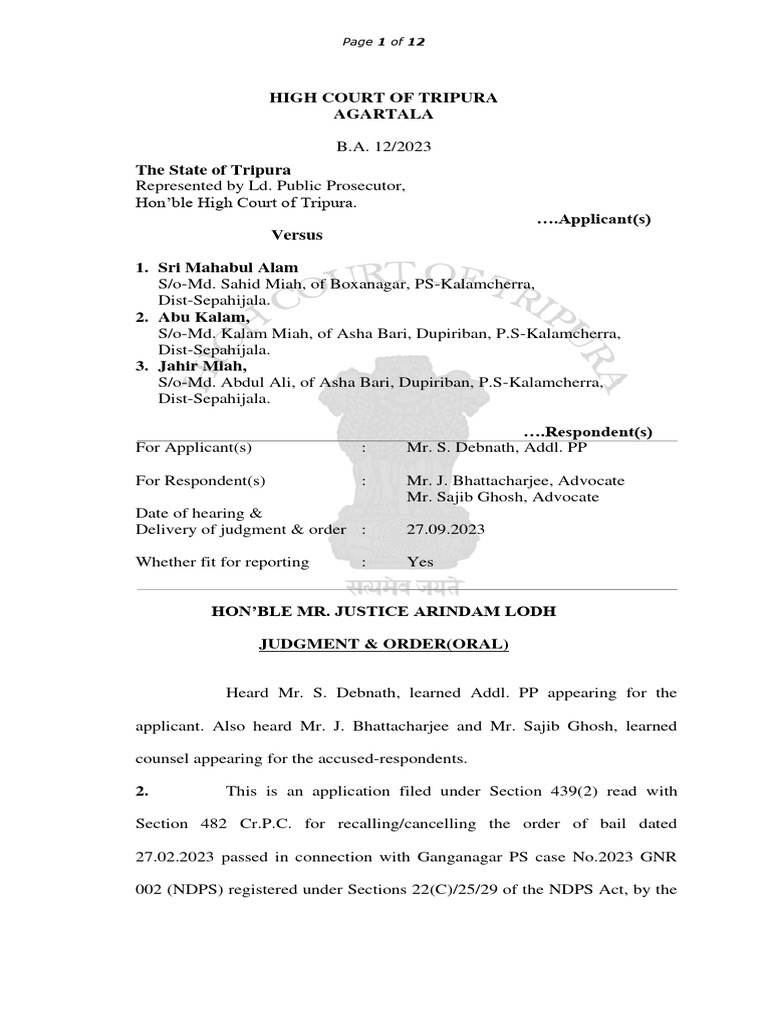 The State Of Tripura Vs Sri Mahabul Alam Ndps Act Bail