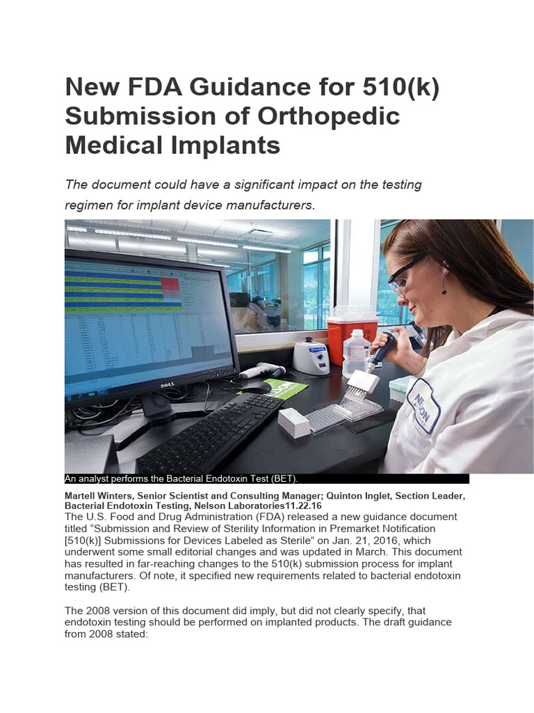 FDA 510(k) Guidance: Orthopedic Implants | PDF | Federal Food | Medical ...