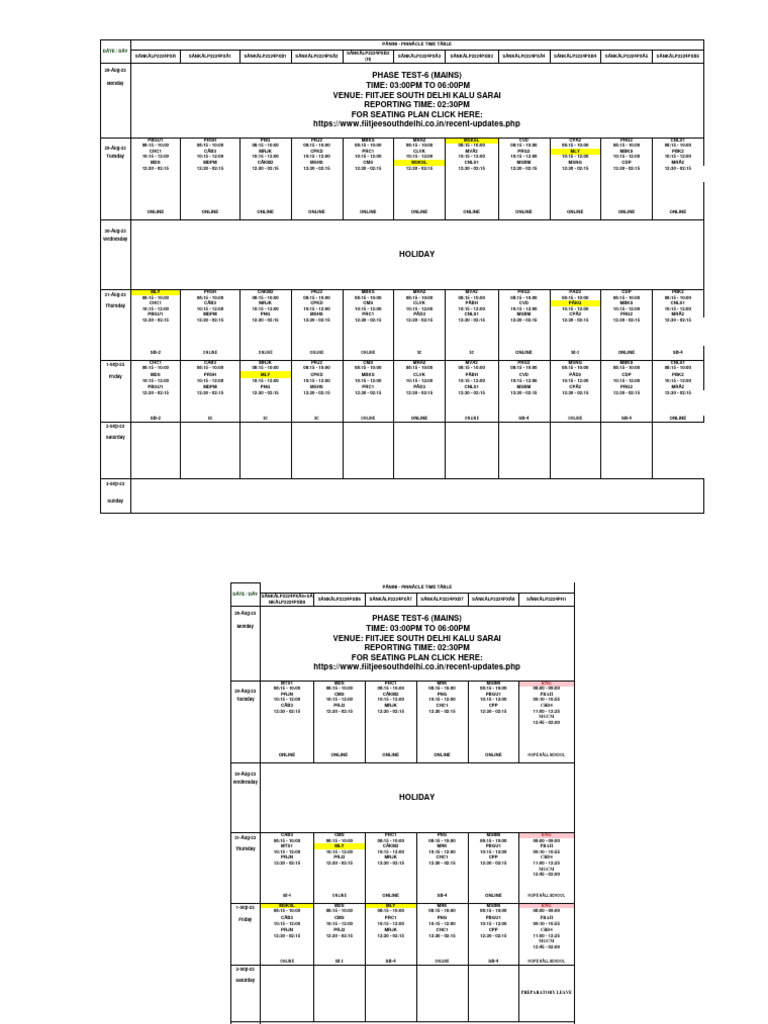 Phase Test-6 (Mains) TIME: 03:00PM TO 06:00PM Venue: Fiitjee South ...