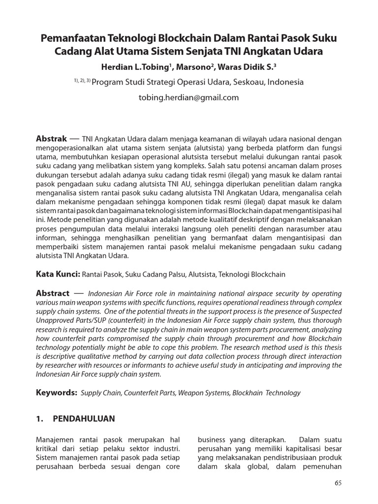 Pemanfaatan Teknologi Blockchain Dalam Rantai Pasok Suku Cadang Alat Utama Sistem Senjata TNI ...