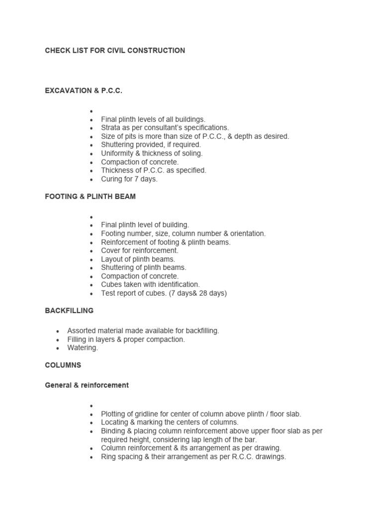 Civil Construction Checklist Guide | PDF | Concrete | Elevator
