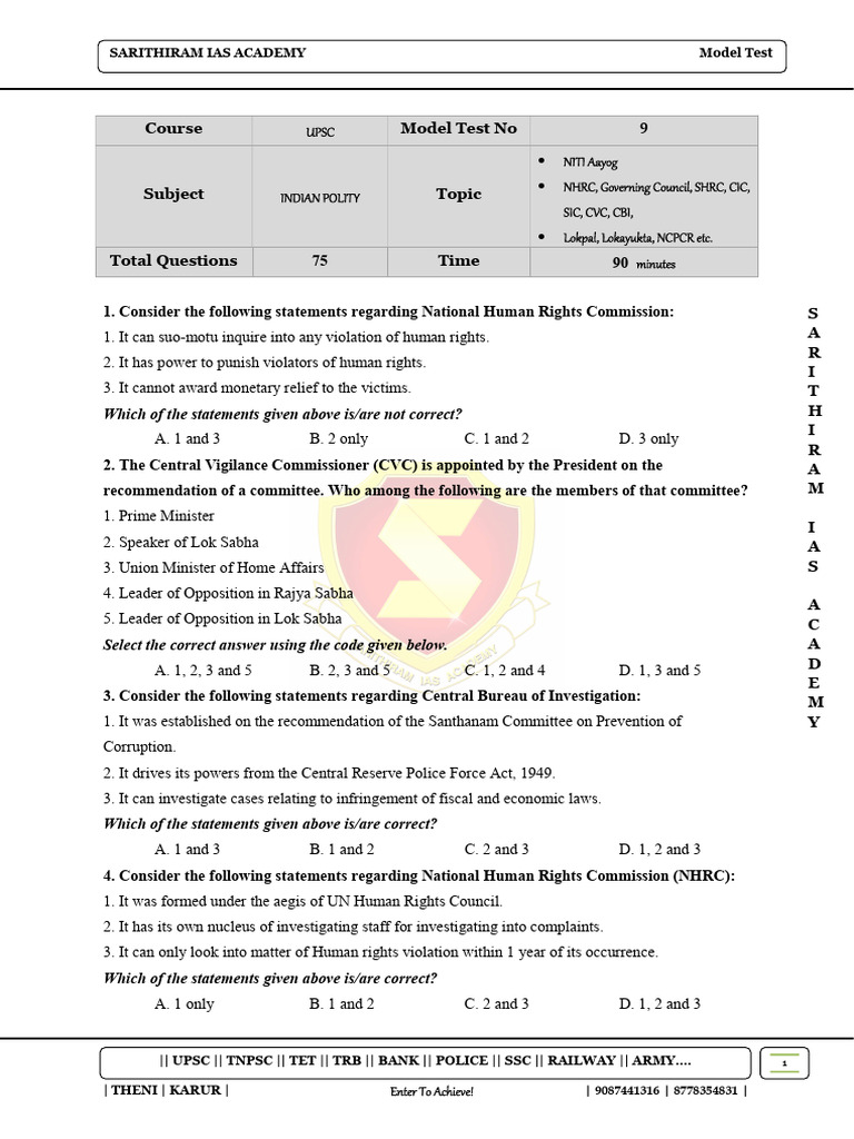Upsc GS Prelims - Indian Polity Test | PDF | Governance | Justice