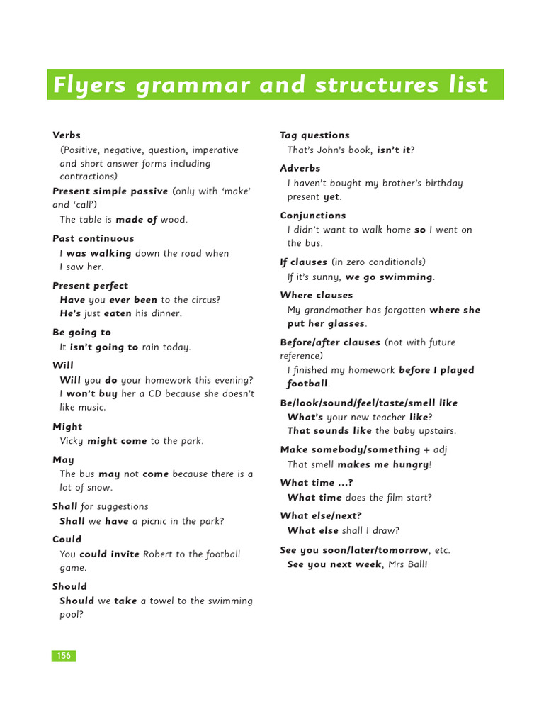 FLYERS grammar and structures | PDF | Language Mechanics | Linguistics