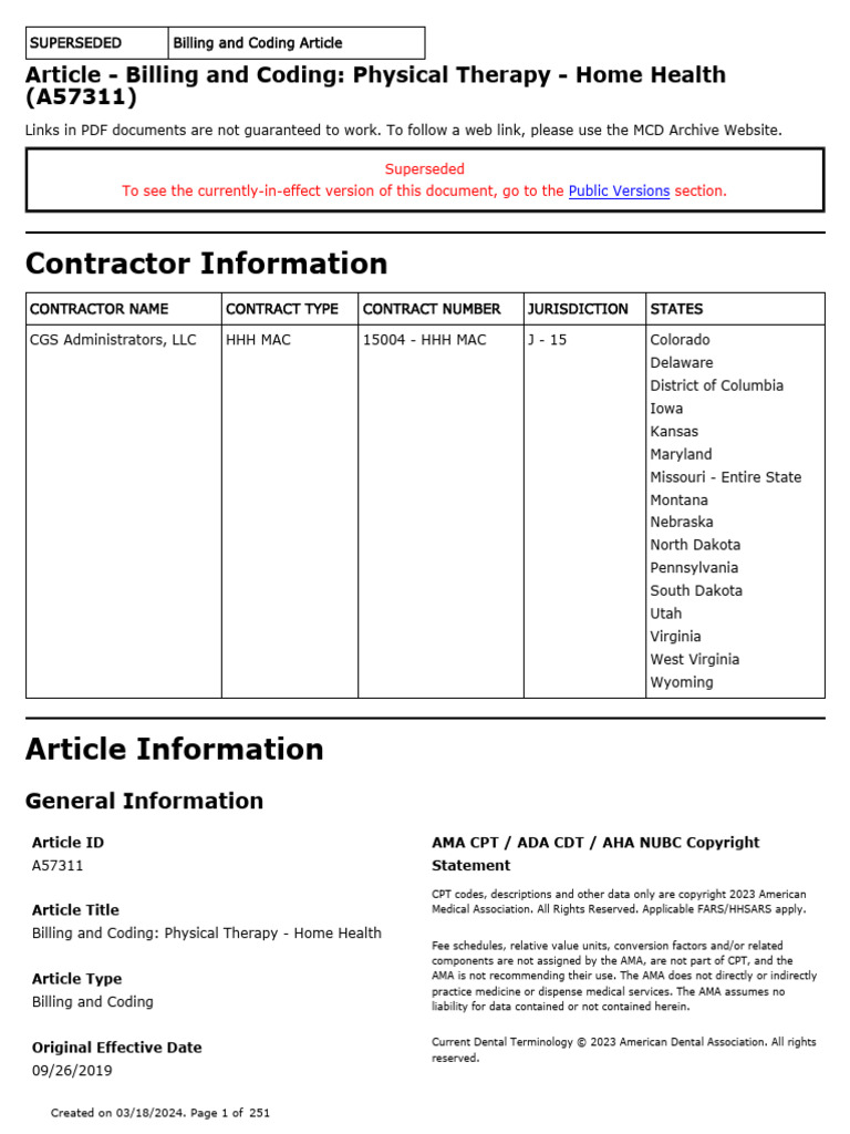 Contractor Information: Article - Billing and Coding: Physical Therapy ...