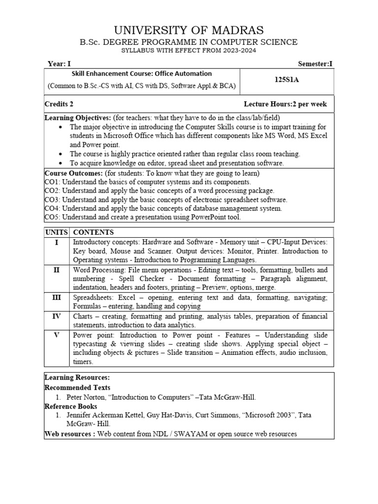 Skill Based Syllabus | Download Free PDF | Spreadsheet | Microsoft Excel