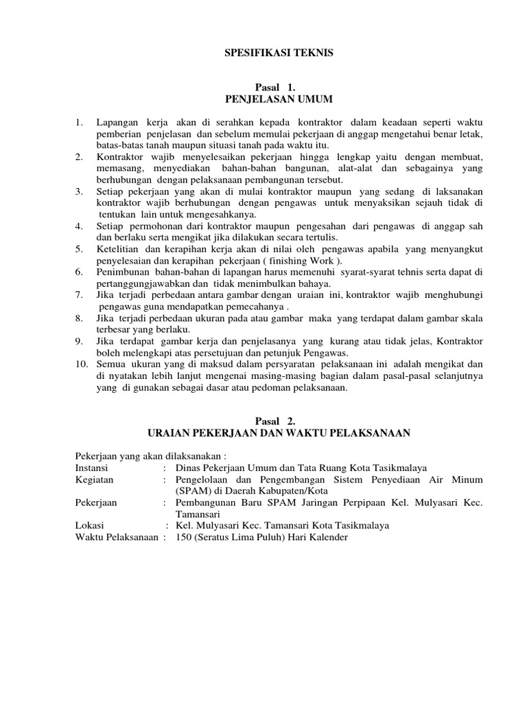 SPEKTEK RKS SPAM Kel Mulyasari | PDF | Teknologi & Rekayasa
