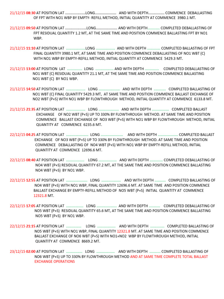 Ballast Exchange Log Book Entry | PDF | Science & Mathematics