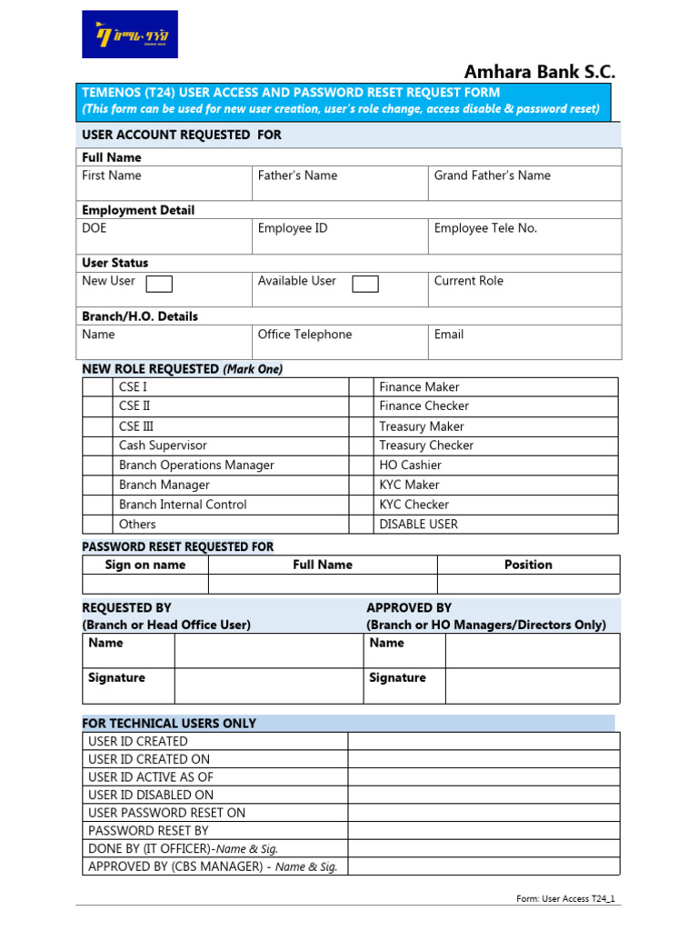 Amhara Bank T24 User Access Request Form | PDF