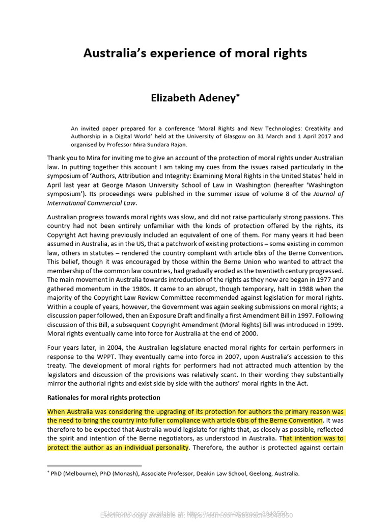 Austalia Moral Rights Experience Elizabeth Adeney | PDF | Copyright ...
