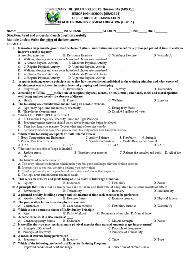 Grade 11 HOPE 1 Exam Review Guide | PDF | Physical Fitness | Aerobic ...