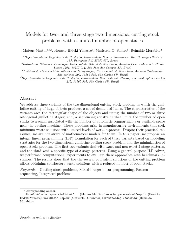 Models For Two-And Three-Stage Two-Dimensional Cutting Stock Problems With A Limited Number of ...
