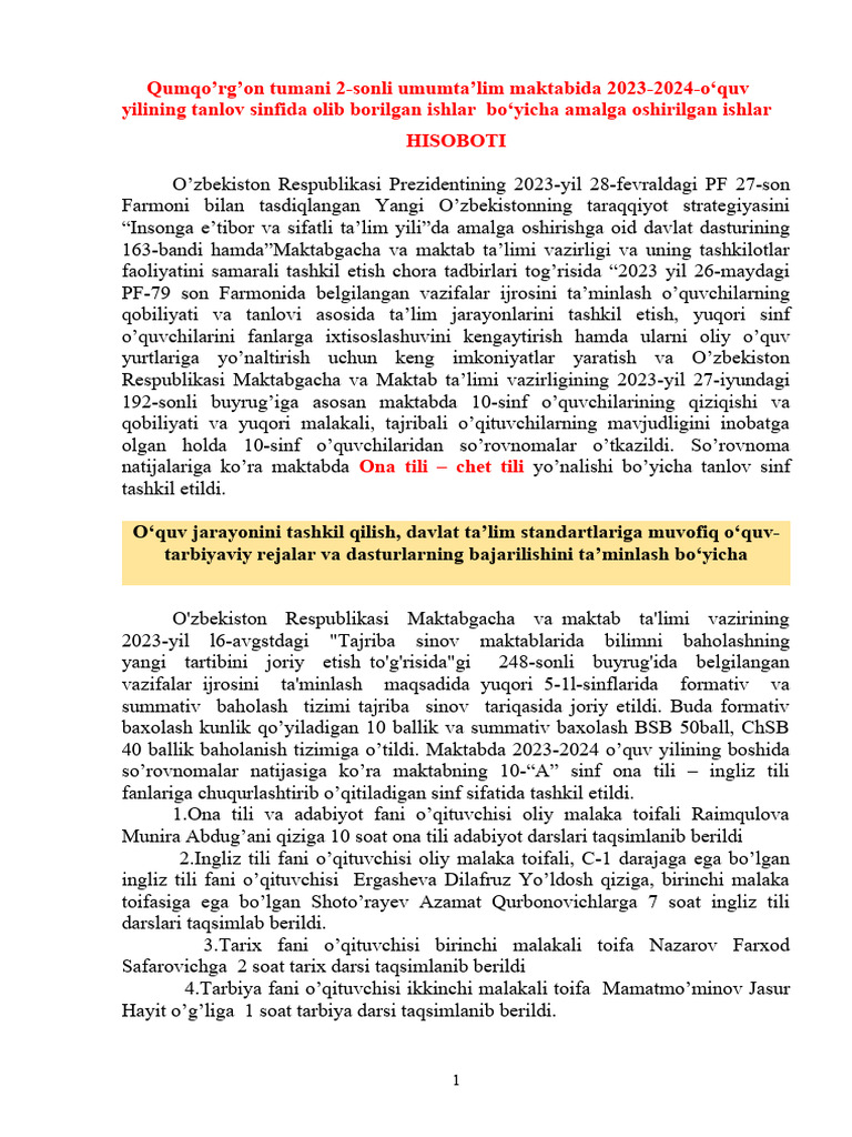 Tanlov Sinf Hisobot Namuna | PDF