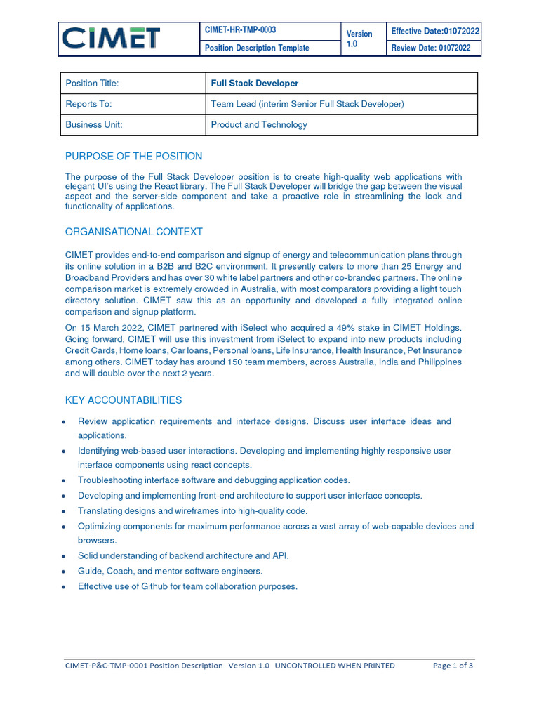CIMET - Full Stack Developer - Position Description | PDF | World Wide Web | Internet & Web