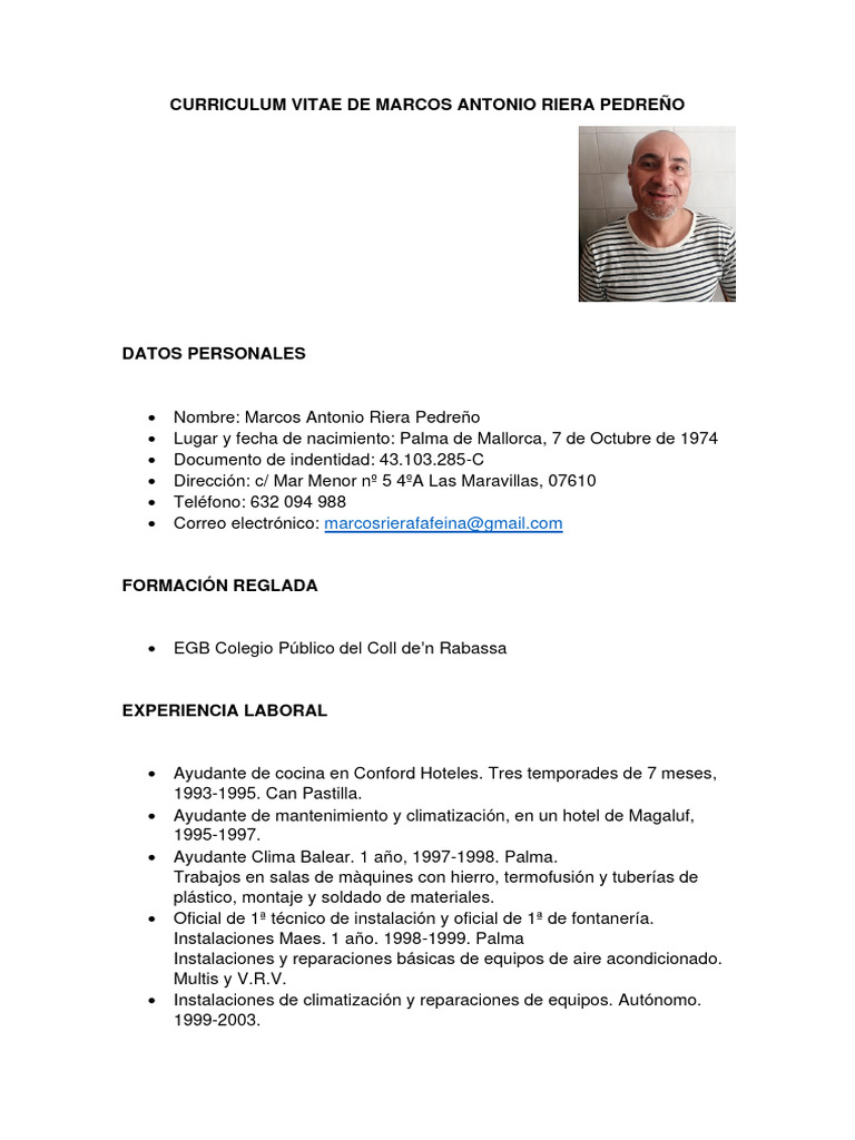 CV de Marcos Riera: Ayudante Climatización | PDF | Ingeniería mecánica ...