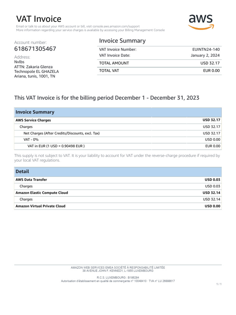 Invoice EUINTN24 140 | PDF | Amazon Web Services | Value Added Tax