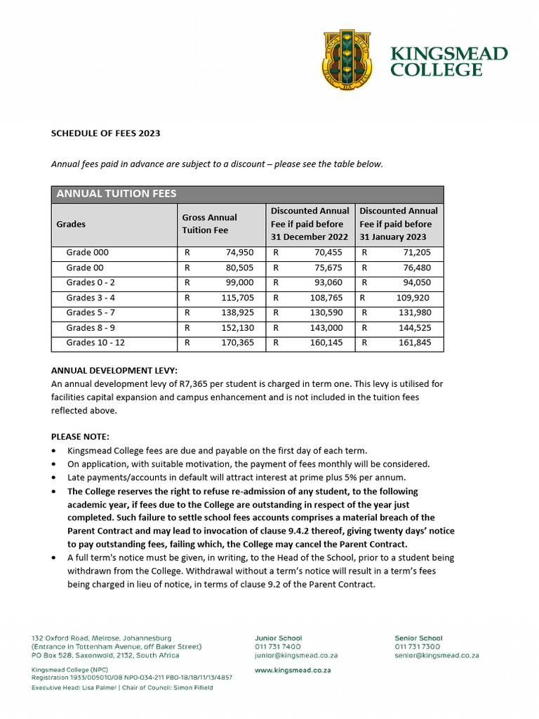 Kingsmead-College_Fee-Schedule-2023 | PDF | Fee | Tuition Payments