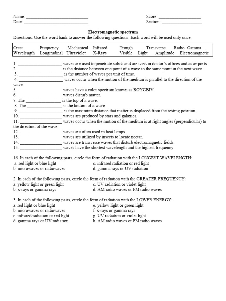 Electromagnetic Spectrum Quiz Worksheet | PDF | Electromagnetic ...
