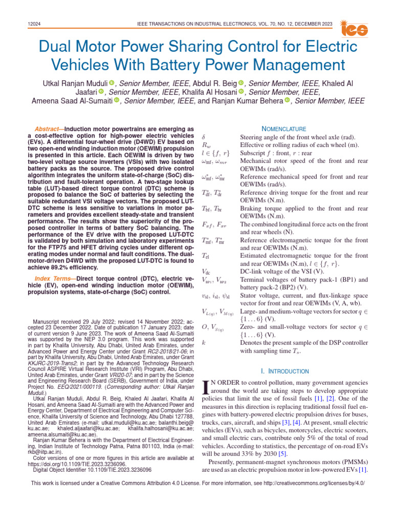 Dual Motor Power Sharing Control For Electric Vehicles With Battery ...
