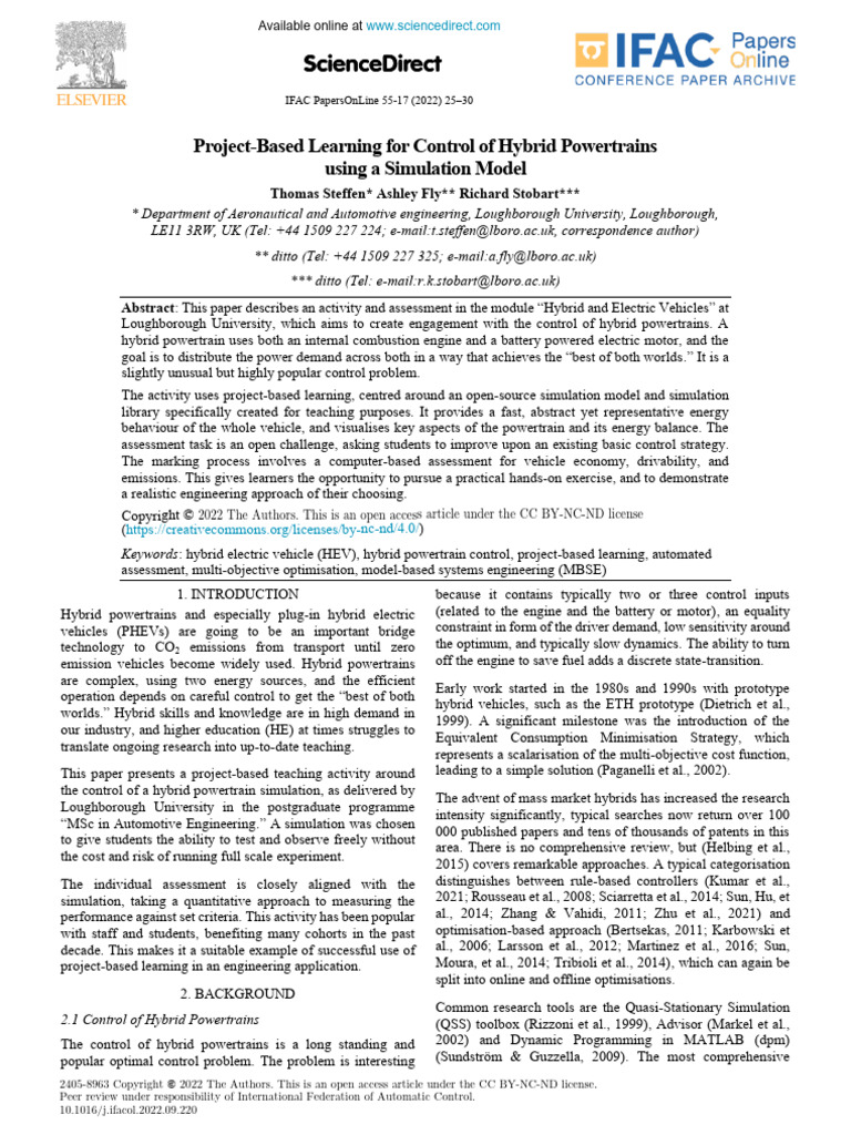 Project-Based Learning For Control of Hybrid Powertrains Using A Simulation Model | PDF ...