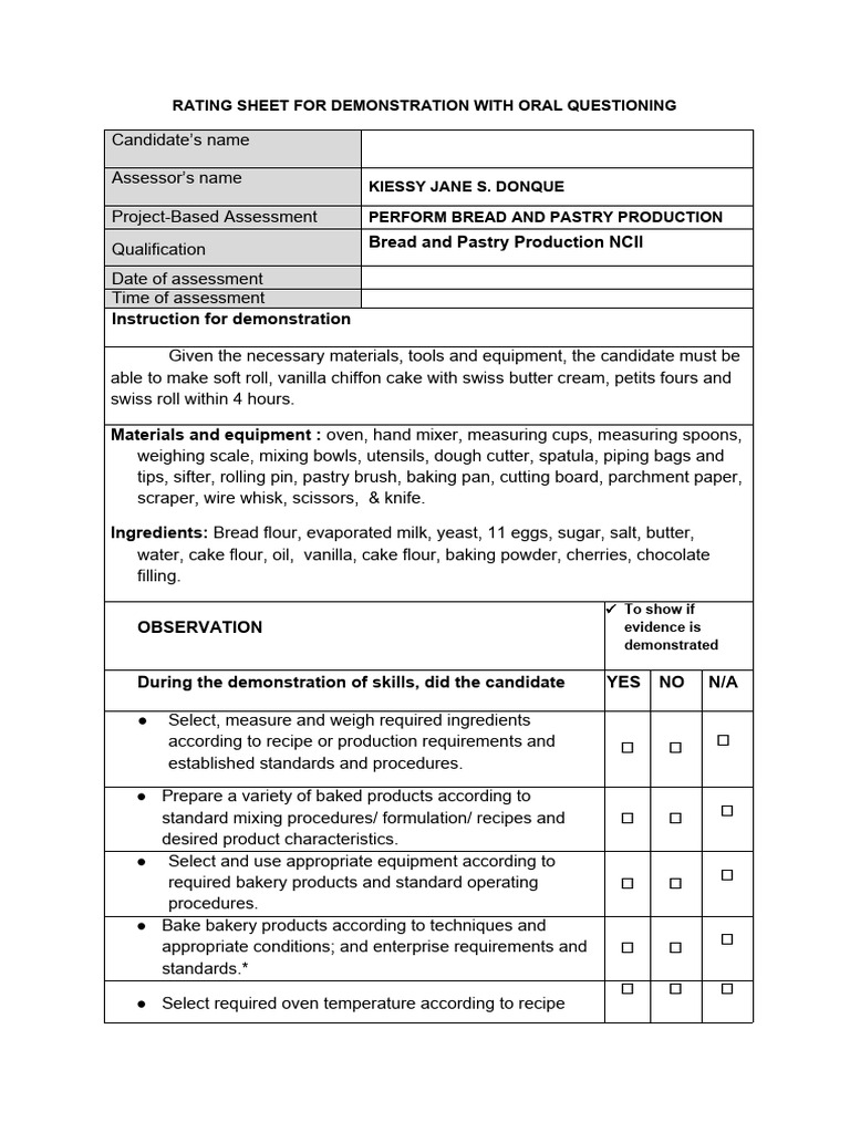 demonstration rating sheet | PDF | Cakes | Bakery