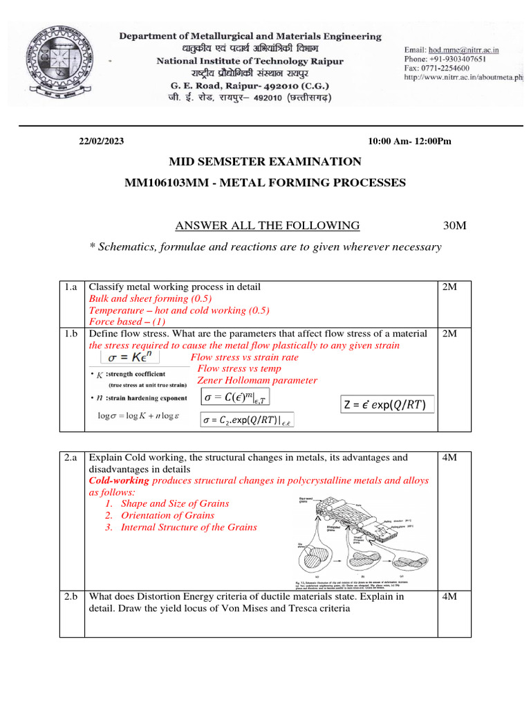 MFP - Mid Sem QP and Key | PDF | Forging | Deformation (Engineering)