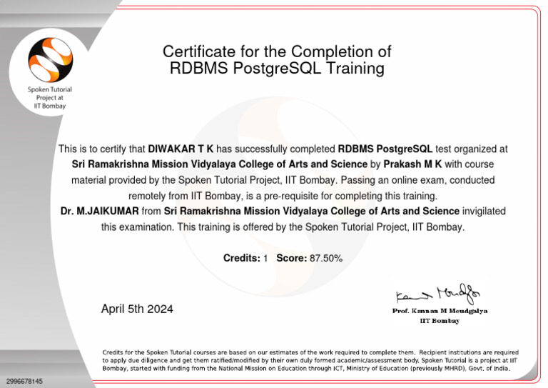 RDBMS PostgreSQL Training Certificate | PDF