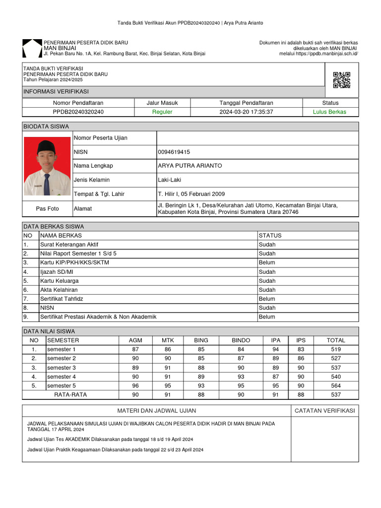 Kartu Verifikasi - PPDB20240320240 - Arya Putra Arianto | PDF