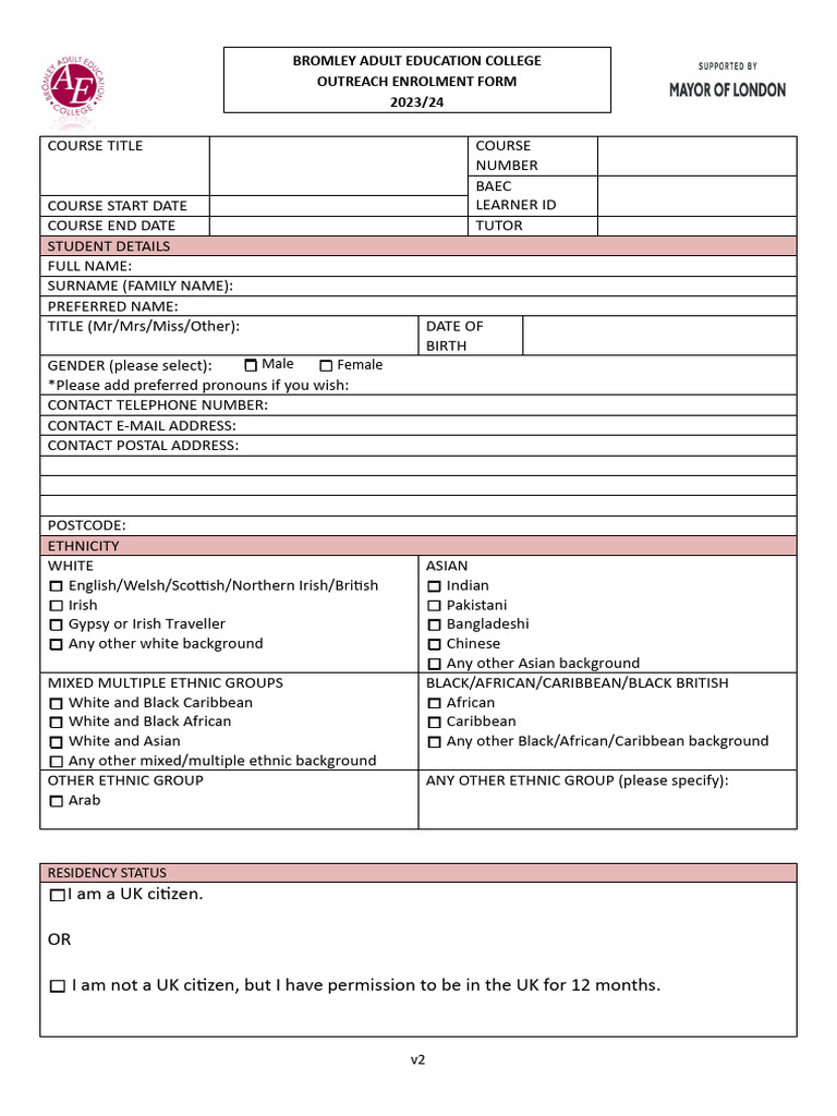 BAE 2 Page Enrolment Form Outreach 2023-24 v3 (fillable) | PDF ...