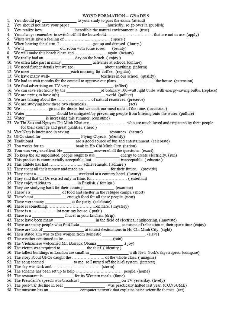 Word Formation Exercises for Grade 9 | PDF