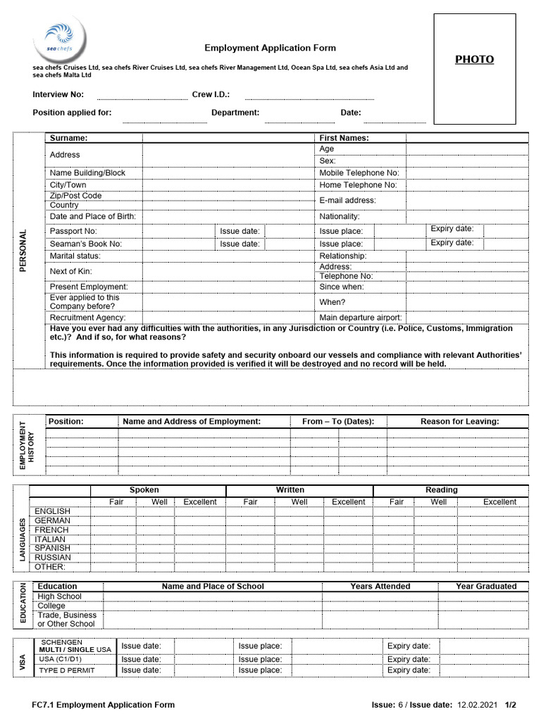 Sea Chefs Employment Application Form | PDF