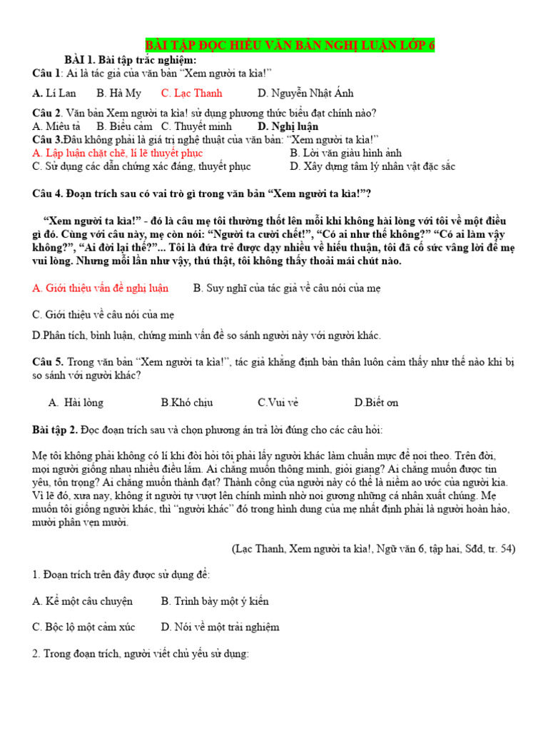 76 Đề Đọc Hiểu Ngoài Chương Trình Văn 6 Có Lời Giải | PDF