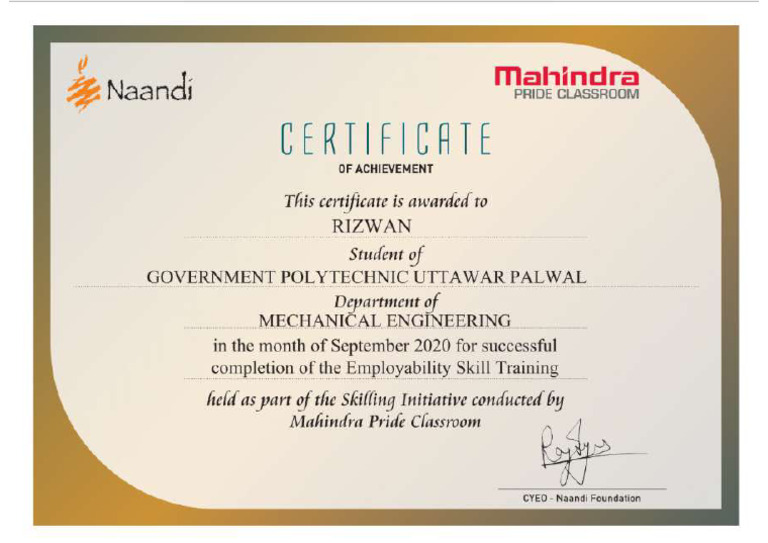 RIZWAN Mahindra Certificate | PDF