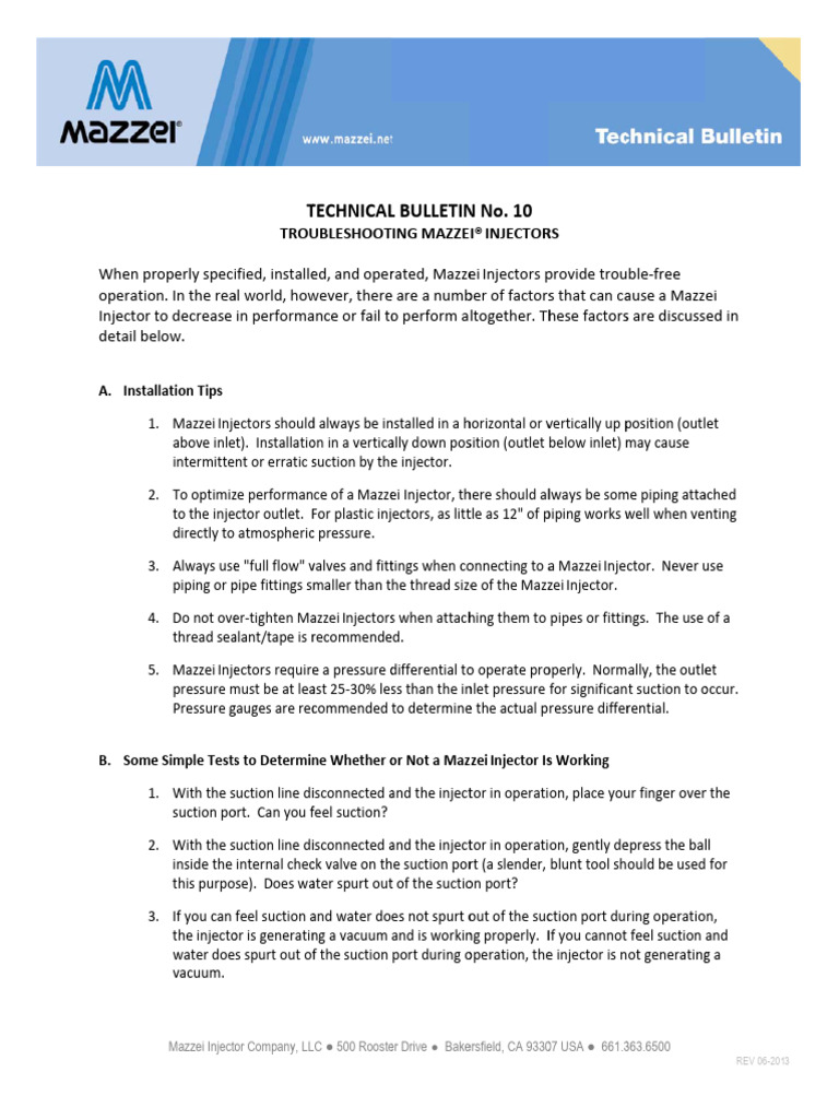 Tech Bulletin 10 - Trouble Shooting Mazzei Injector Installations - v06-2013 | PDF | Water ...