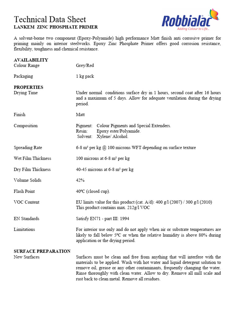 Lankem Zinc Phosphate Primer Data Sheet | PDF | Paint | Epoxy