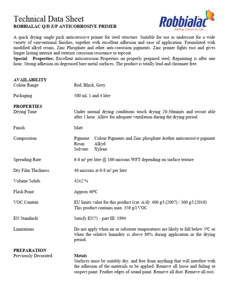 Robbialac Anticorrosive Primer Data Sheet | PDF | Corrosion | Materials