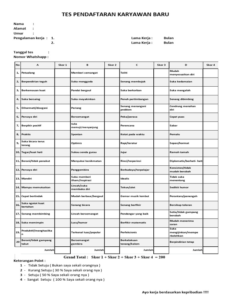 Tes Pendaftaran Karyawan Baru Disc | PDF