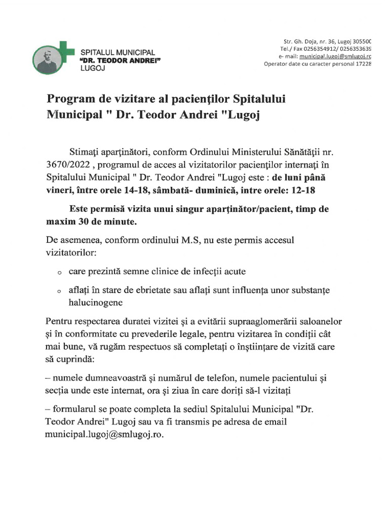 Program de Vizitare Al Pacientilor 04 01 2023 | PDF