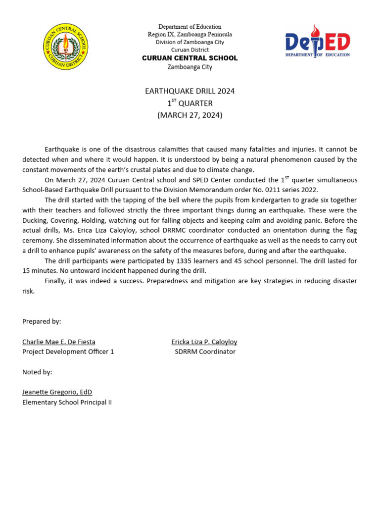 Earthquake Drill Narrative Report | PDF | Emergency Management ...