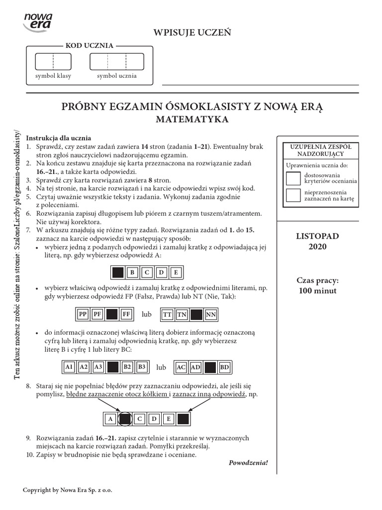 Próbny Egzamin ósmoklasisty Z Nową Erą Listopad 2020 Pdf