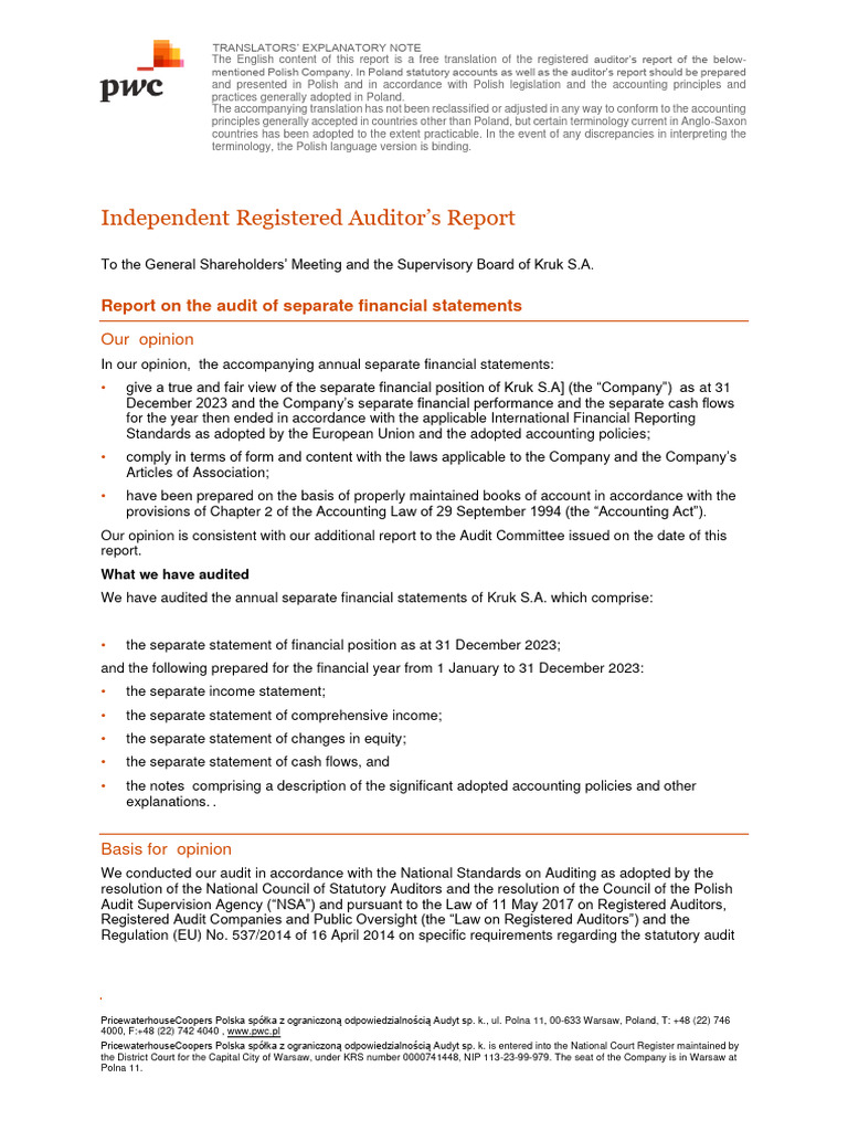 Auditor's Report for Kruk S.A. 2023 | PDF | Audit | Going Concern