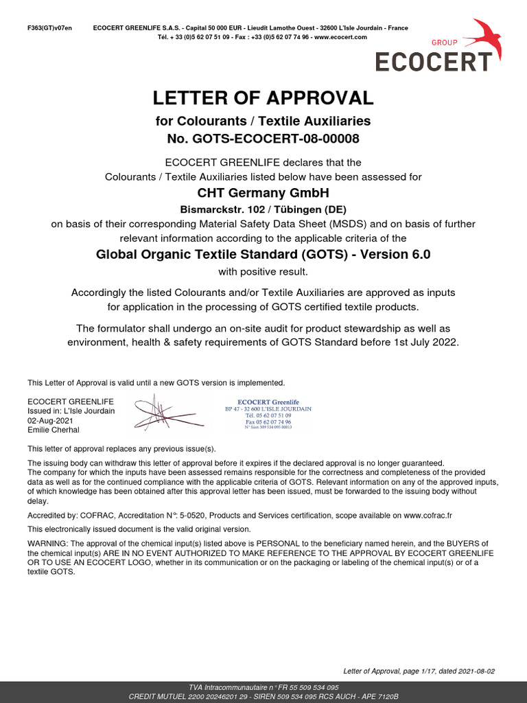 GOTS Certificate CHT Chemical V 6.0 | Download Free PDF | Ink