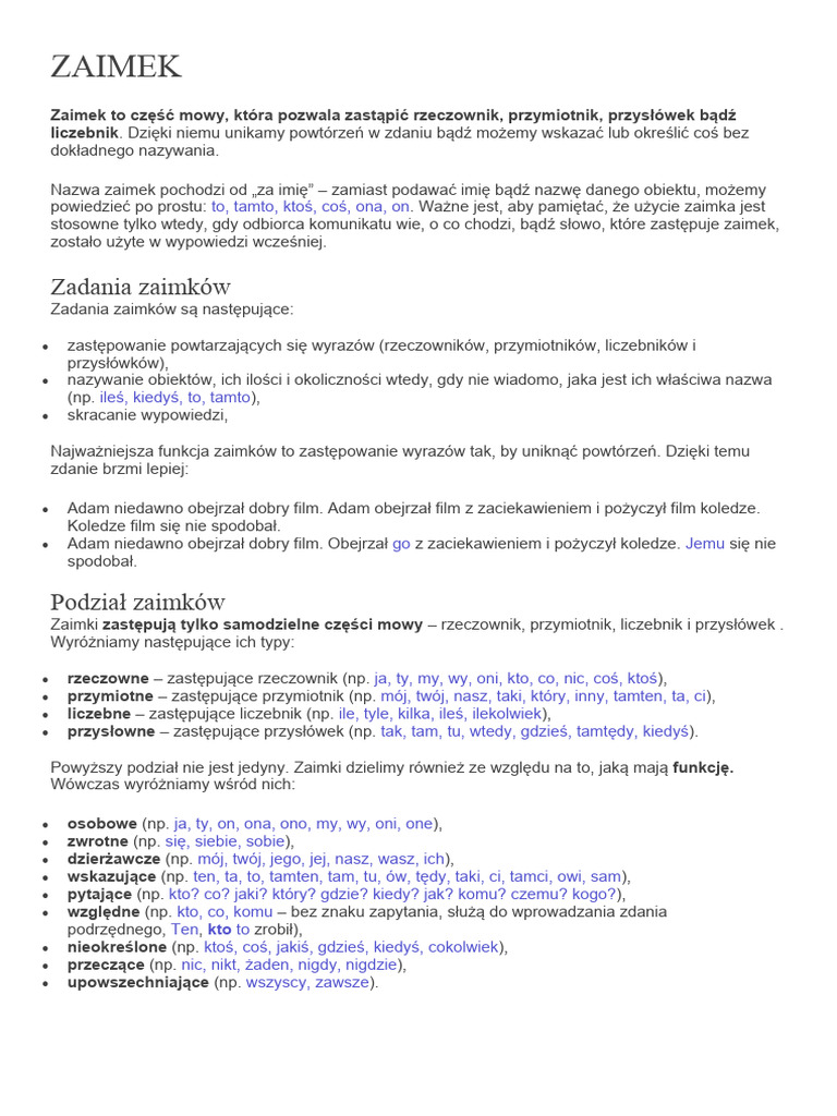 Powtórzenie ZAIMEK | PDF