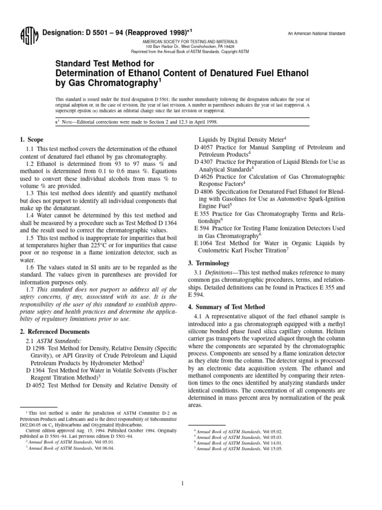 ASTM D5501-For Ethanol Greater 20% | PDF | Gas Chromatography | Chromatography