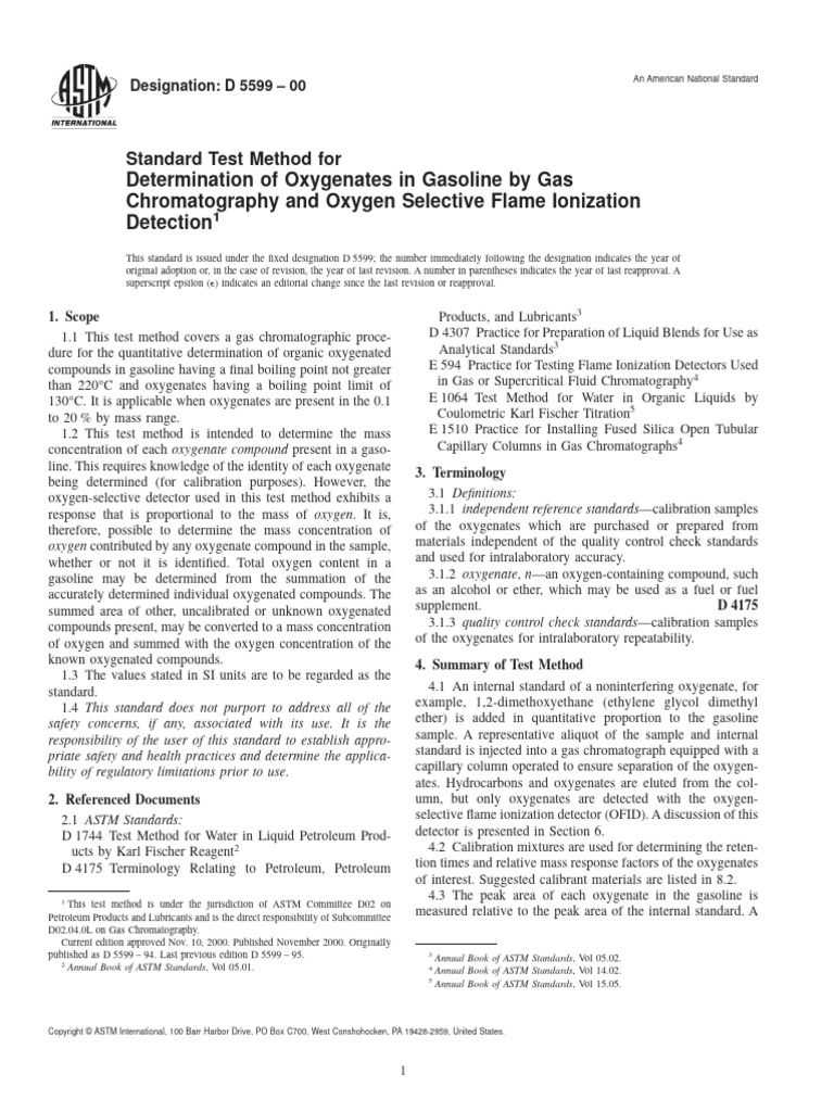ASTM D5599-For Ethanol Less 20% | PDF | Gas Chromatography | Chromatography