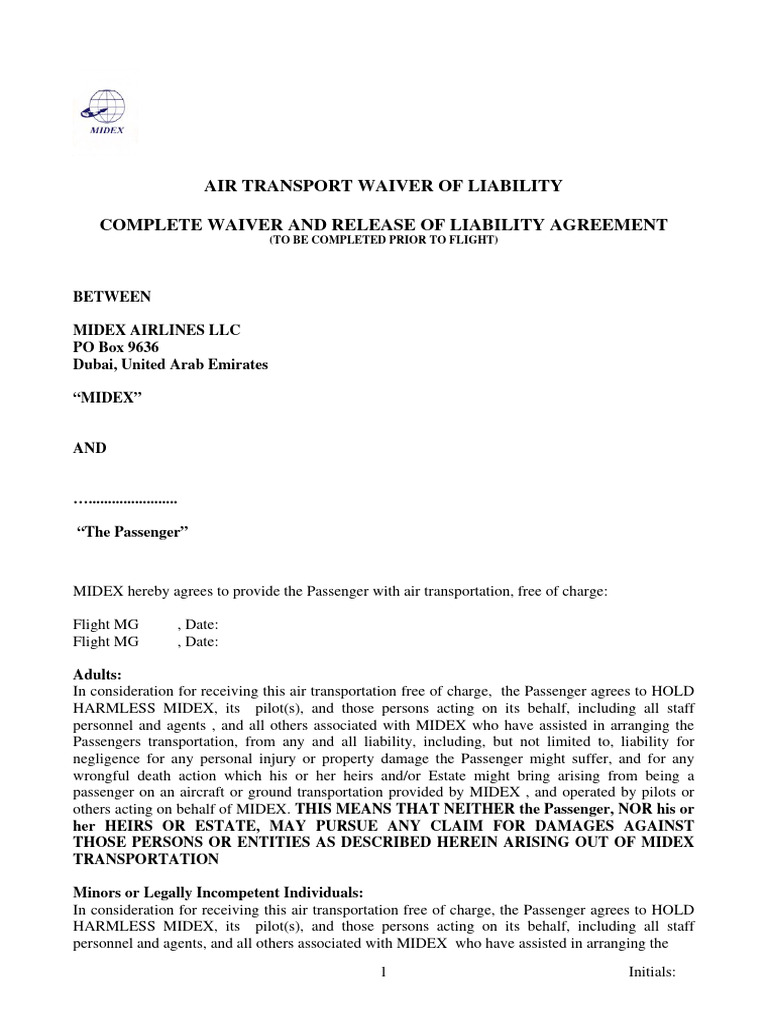 Air Transport Liability Waiver Agreement | PDF | Legal Liability ...
