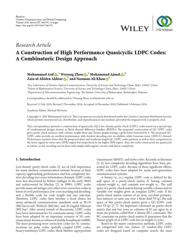 A Construction Of High Performance Quasicycle Ldpc Codes A Combinatoric Design Approach Pdf