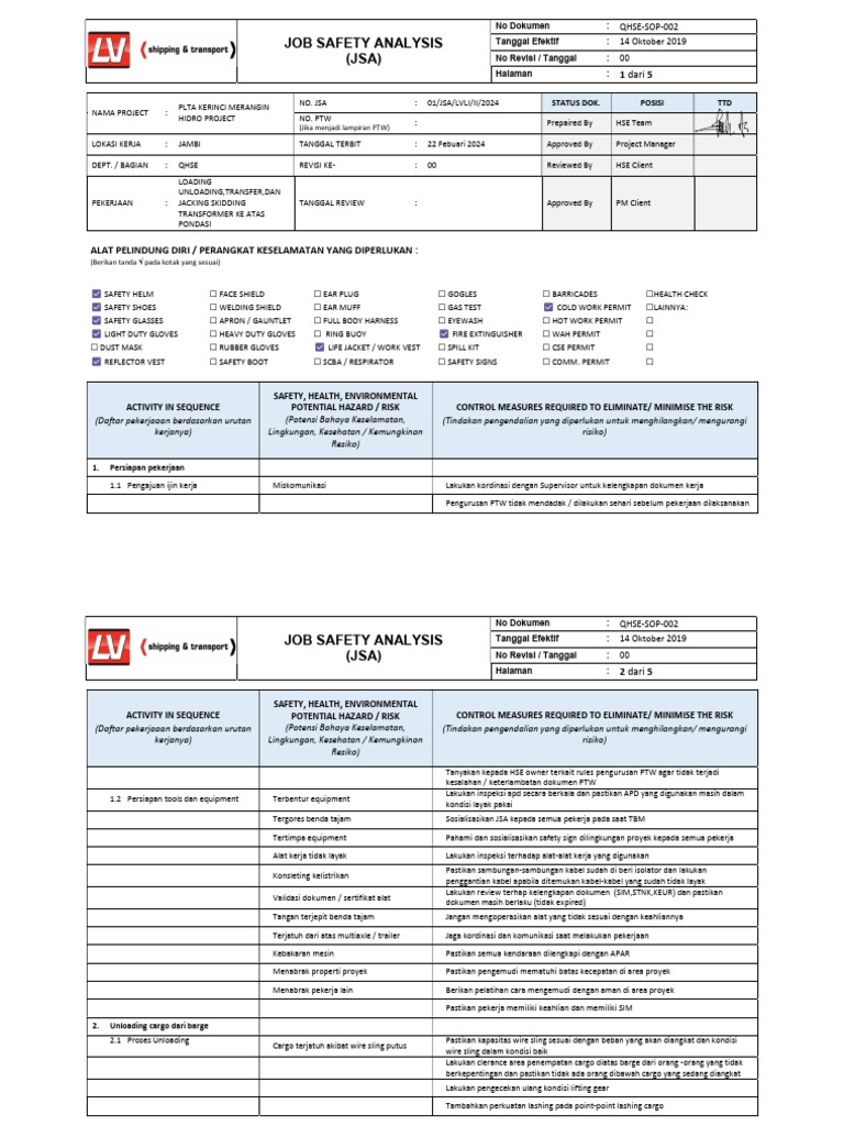 Jsa Loading Unloading, Transfer & Jacking Skidding Transformer Ke Atas Pondasi0 | PDF