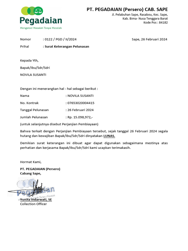 01 Surat Pelunasan PEGADAIAN CAB - SAPE | PDF