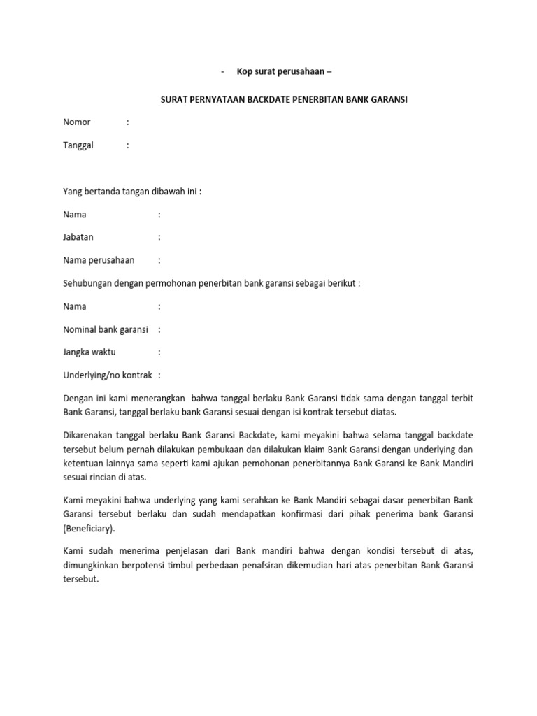 Pernyataan Backdate Bank Garansi-Nasabah | PDF