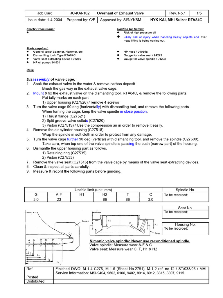 102 ME Exhaust V, Overhaul | PDF | Piston | Valve